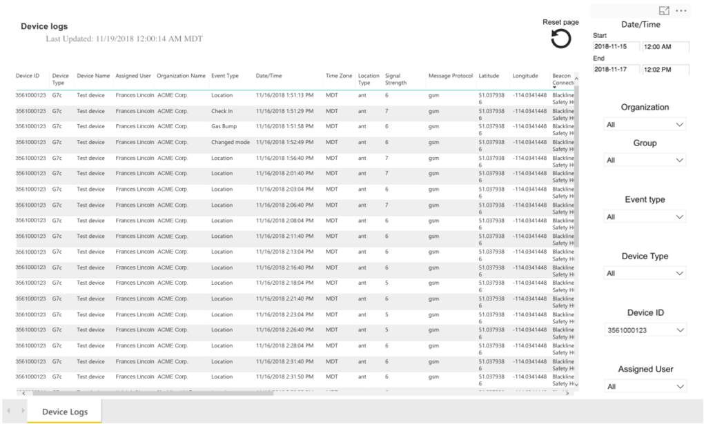 Blackline Analytics — Using the Device logs report